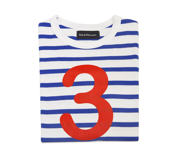 French Blue & White Breton Striped Number 3 T Shirt | Bob & Blossom ...
